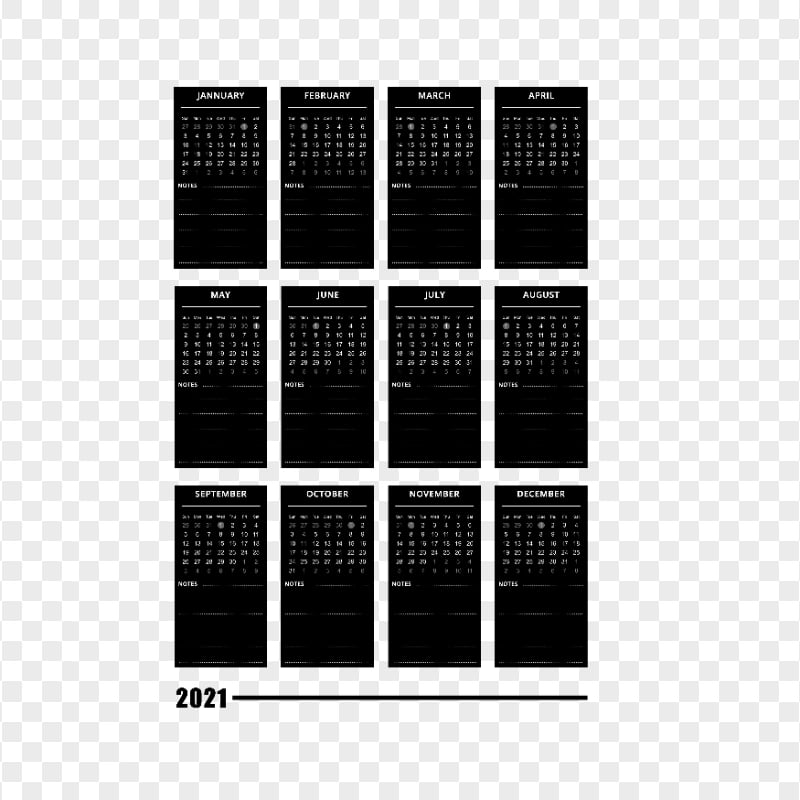 HD 2021 Simple Black & White Calendar With Notes Section Clipart PNG ...