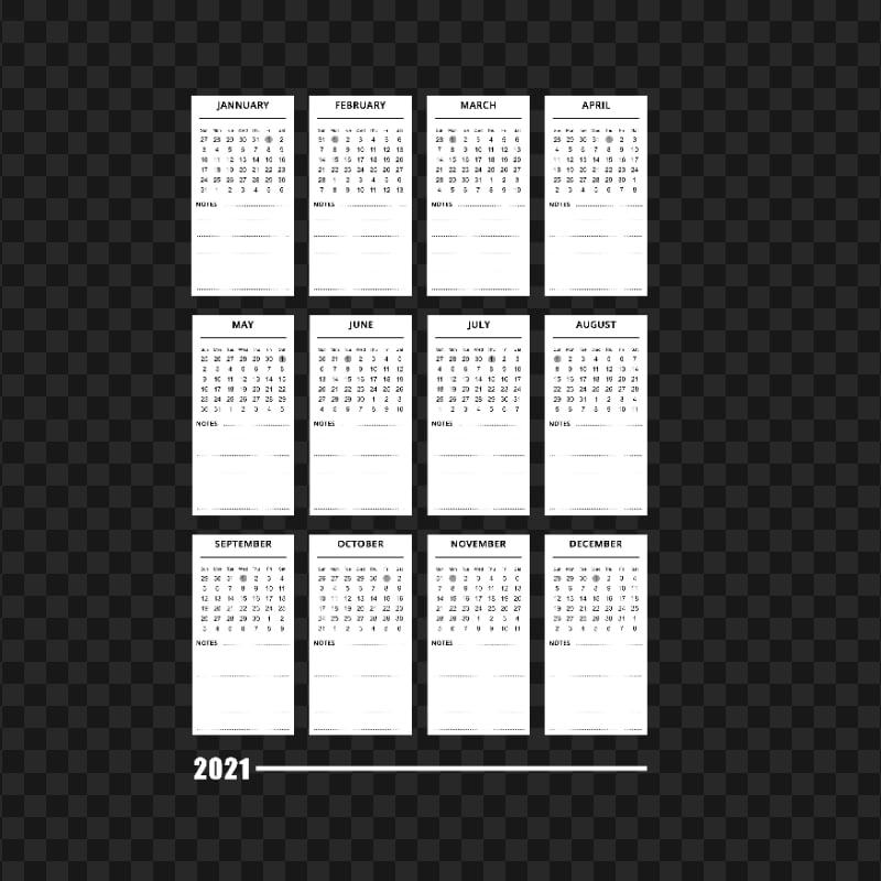 HD 2021 Simple White & Black Calendar With Notes Section Clipart PNG ...