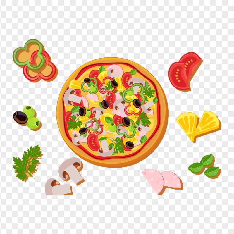 Cartoon Round Pizza with The Ingredients FREE PNG | Citypng