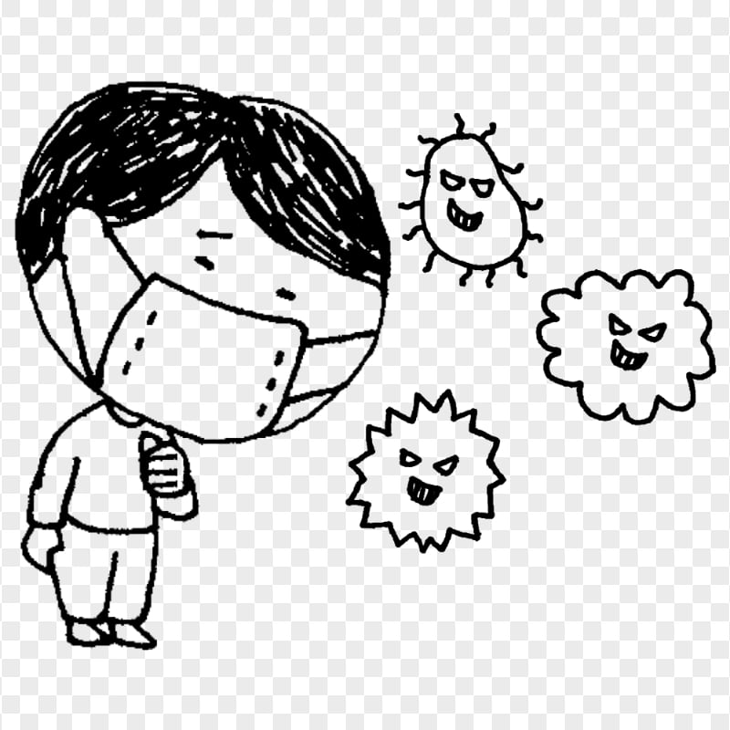 Drawing Boy Wear Surgical Mask Surrounded By Germs | Citypng