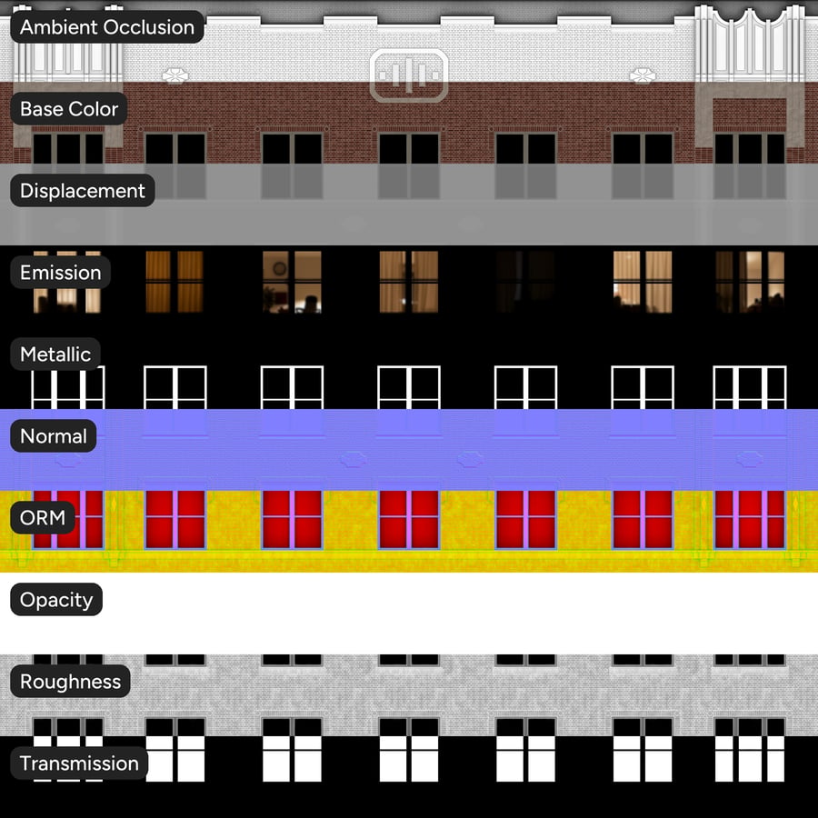 Beaux-Arts Multi-Story Brick Facade Aerial Texture, Red - Poliigon