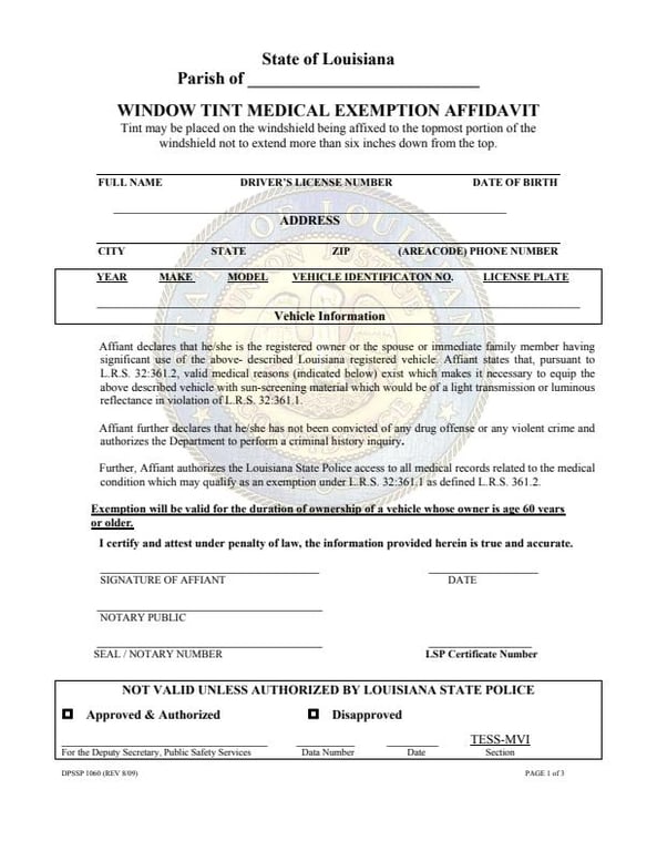 Lafayette, Louisiana Window Tint Medical Exemption Affidavit - PDF File ...