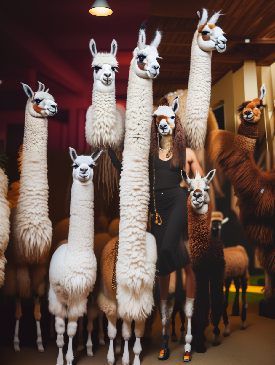 frosty-wasp562: full body shot Very tall rapper llama and her entourage