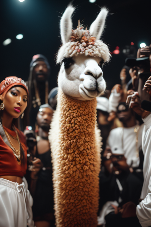 frosty-wasp562: full body shot Very tall rapper llama and her entourage