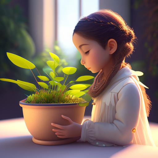 wild-eel897: A young woman holds a growing potted plant in both hands.