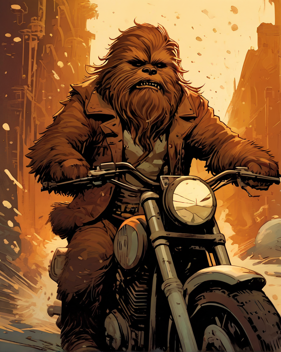 PolyCrumbs: Epic scene of,Chewbacca riding a motorcycle