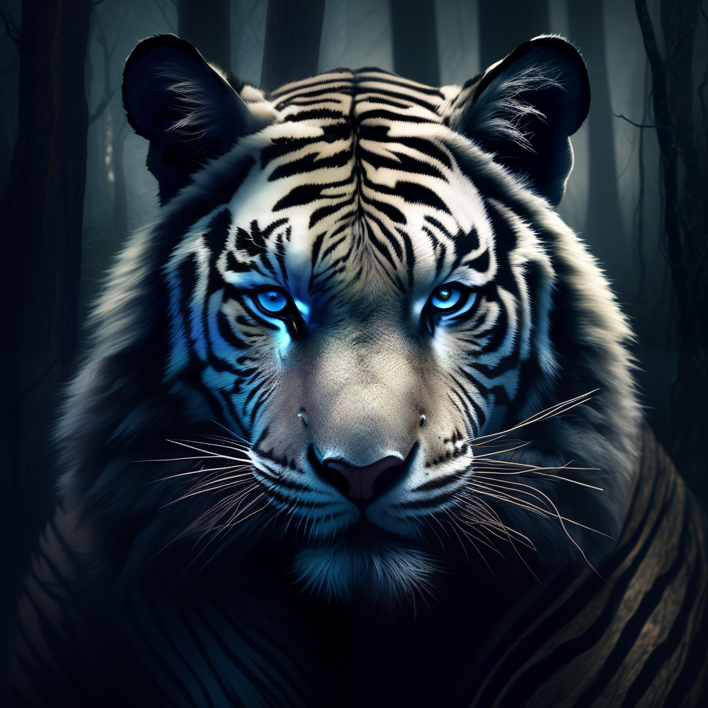 intent-slug674: Anthropomorphic white tiger warrior dark shadowy woods