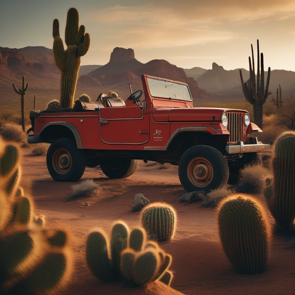 addison: A rusted red jeep parked at the edge of a desert canyon during ...