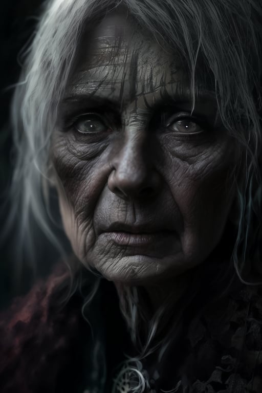 Akrasiel: an elderly, female elf. Dark clothing and grey hair. Creepy