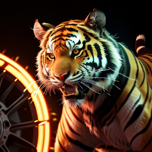 LOUVARY: A roaring cybernetic tiger made of metal and wires on a neon ...