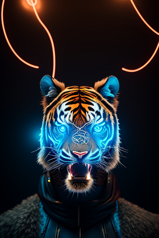 LOUVARY: A roaring cybernetic tiger made of metal and wires on a neon ...