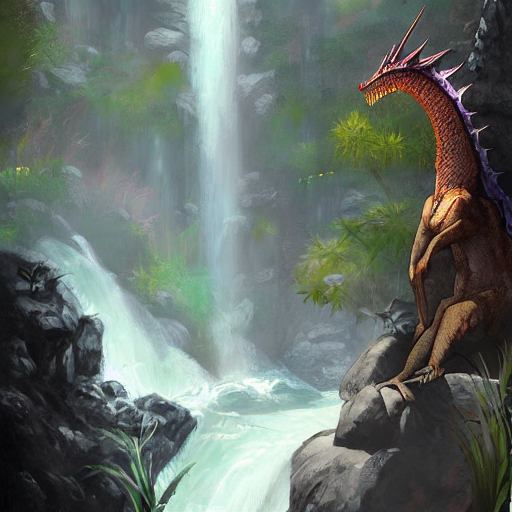 prompthunt: slender dragon relaxing by a waterfall, digital painting ...