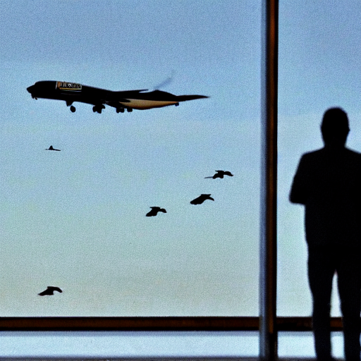 prompthunt: a bird looking at a plane arriving, viewed from behind