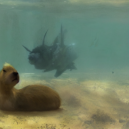 prompthunt: A capybara underwater, Greg Rutkowski, Yoji Shinkawa