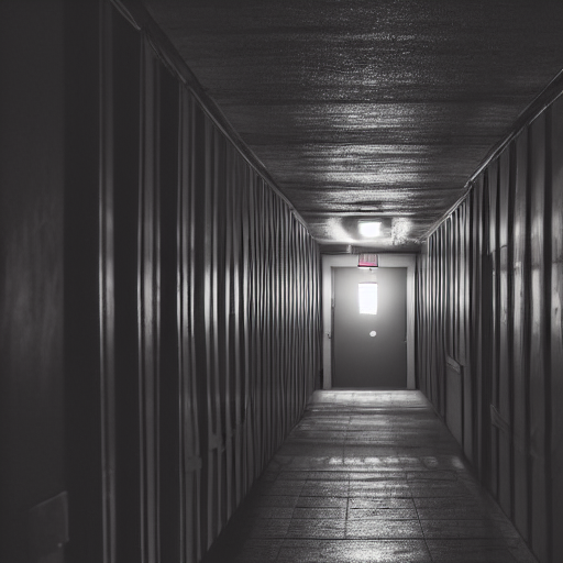 prompthunt: a pitch black hallway with no windows and one deep red exit ...