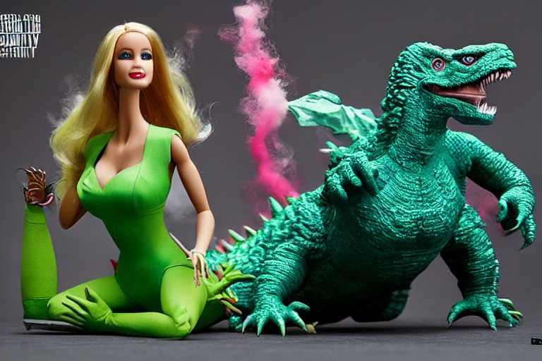 prompthunt: Godzilla tea party with Barbie, plastic barbie doll, green rubber suit godzilla, by ...