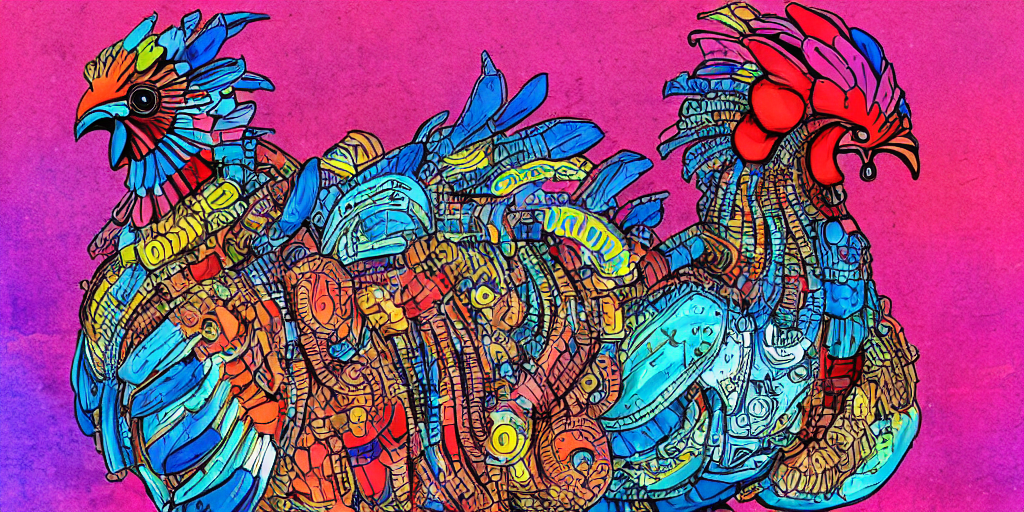 prompthunt: colorful illustration of a fully armored mechanical rooster ...