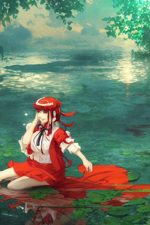 prompthunt: hakurei reimu from touhou project floating on the water at ...