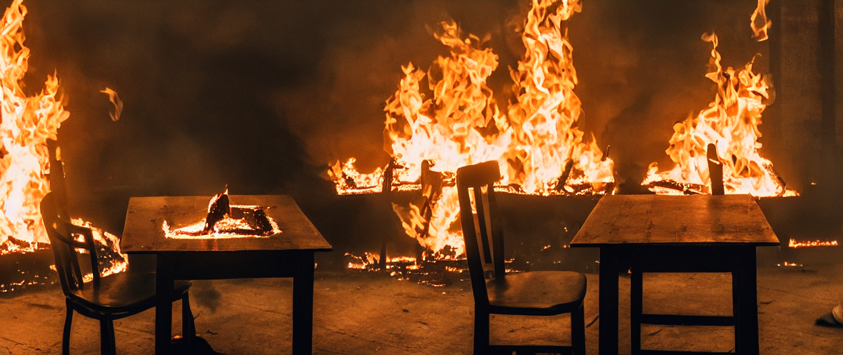 prompthunt: a photograph of a big fire on a dining room on fire, only ...