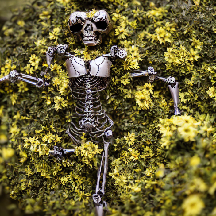 prompthunt: overgrown foliage over a full - robot skeleton on the ground, close - up, 3 5 mm, f ...