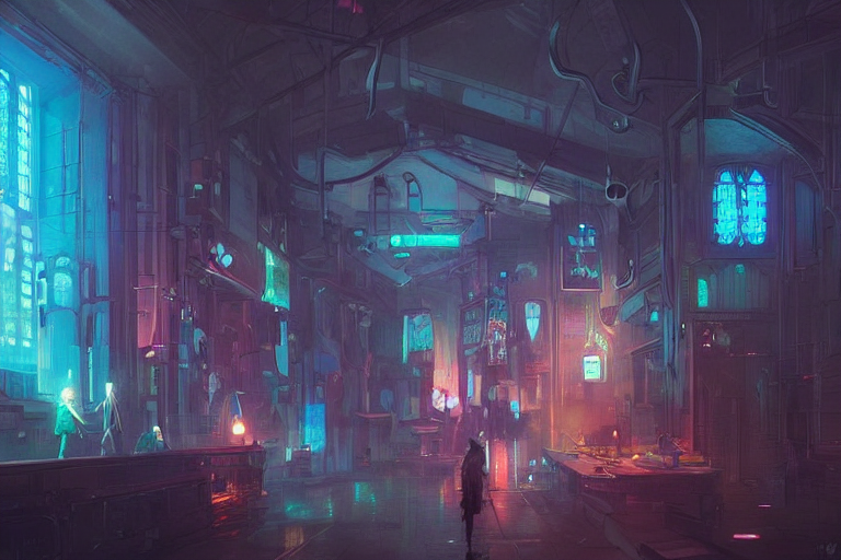 prompthunt: Hogwarts cyberpunk, neon lighting, bird's-eye view, digital ...