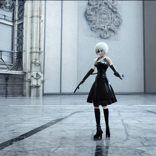 prompthunt: 2B nier automata standing in front of a large building ...