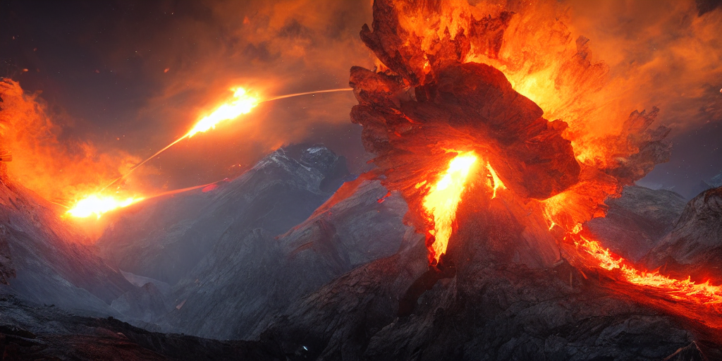prompthunt: giant fire ball attack comes from mountains, night, epic, dramatic, realistic ...