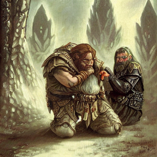 prompthunt: a dwarf paladin comforting an elven female ranger. Grimdark ...