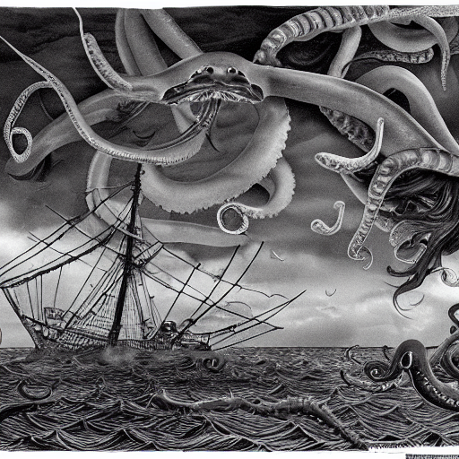 Giant Squid Attacking Ship