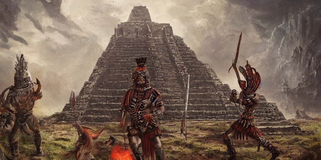 prompthunt: A fierce Aztec warrior watches aliens landing at an Aztec ...