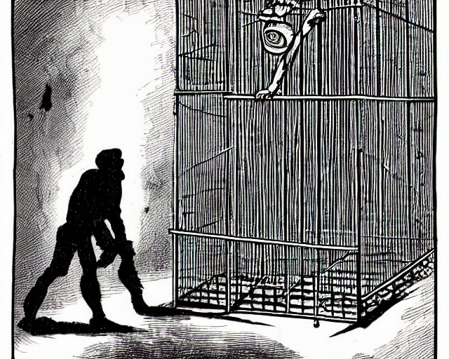 prompthunt: a horrible shadow monster looming over a man trapped in a cage,
