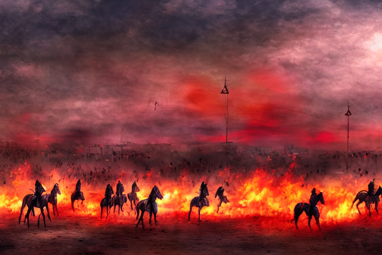 prompthunt: karbala battle field, imam hussain, horses and people ...
