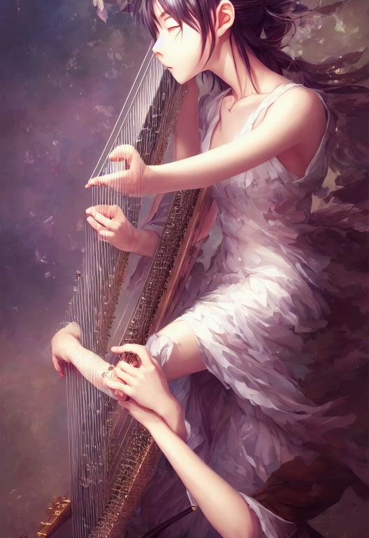 Anime Girl Playing Harp