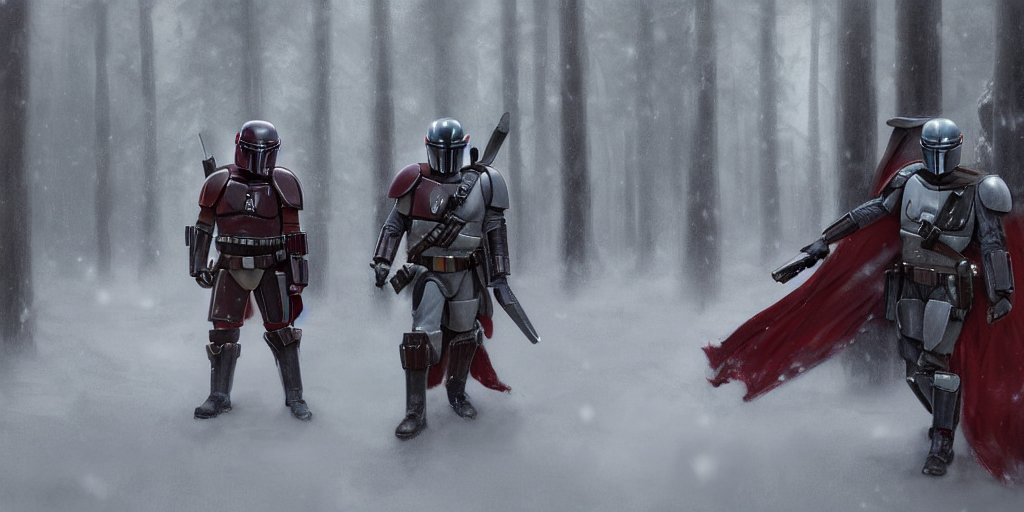 prompthunt: a mandalorian with a red and grey helmet facing a long dark ...