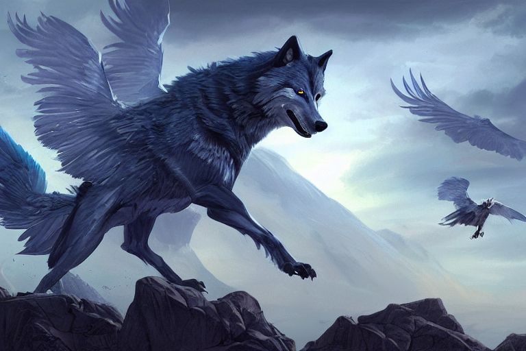 Black And Blue Wolf With Wings