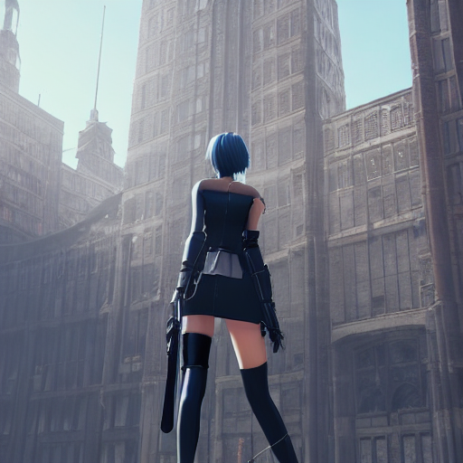 prompthunt: 2B nier automata standing in front of a large building ...