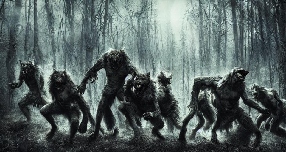 prompthunt: an epic action photorealistic masterpiece of a pack of werewolves, in a forest made ...