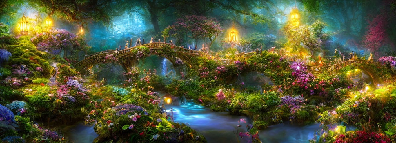 prompthunt: photograph of enchanted garden, blue river in the middle, 1 ...