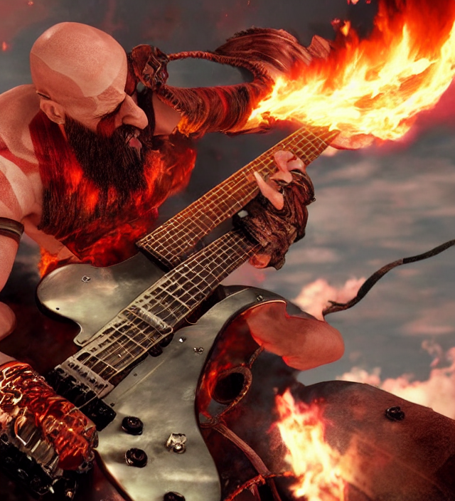 prompthunt: screaming kratos shredding on a flaming stratocaster guitar ...