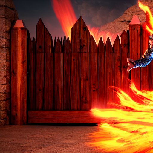 prompthunt: A wizard launching a fireball at a giant wooden gate, 4k ...