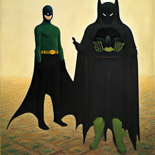 prompthunt: Mysterio and Batman, artwork by Franz Sedlacek,