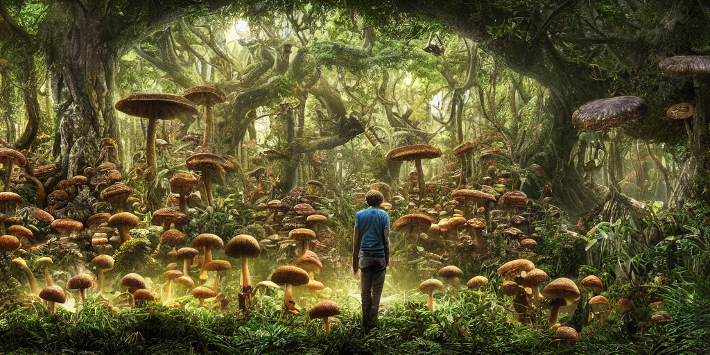 prompthunt: extra wide view. person made of mushrooms standing in a ...
