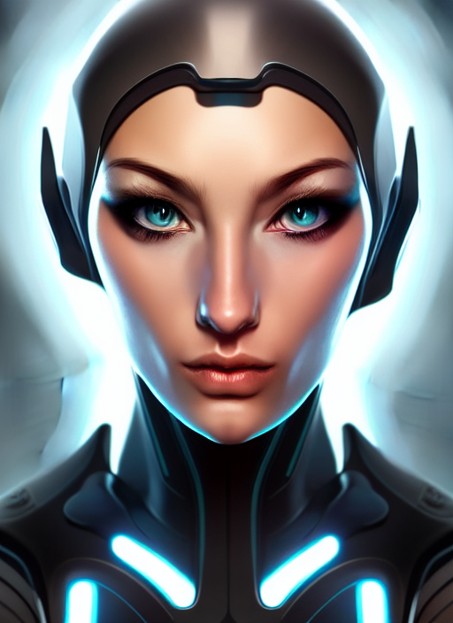 prompthunt: portrait of a cyborg woman by Artgerm, (((((face turns left ...