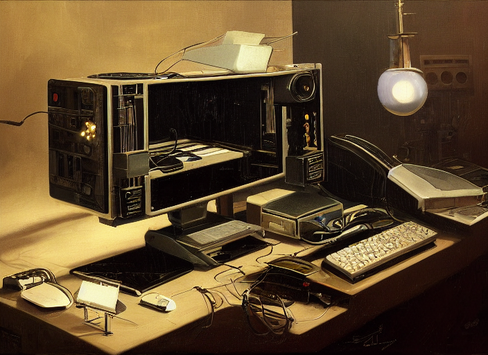 prompthunt: still life painting of a retro electronics supercomputer ...