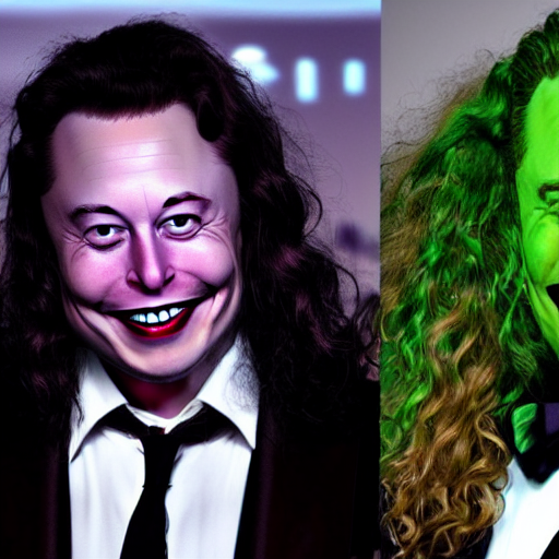 prompthunt: elon musk as joker, long green curly hair, wide smile, 8 k, highly detailed face