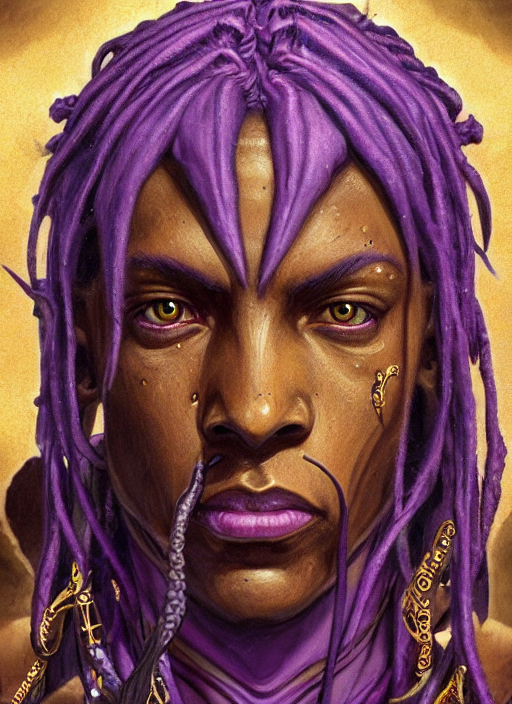 prompthunt: dark skinned half elf, purple dreadlocks, god of illithid ...