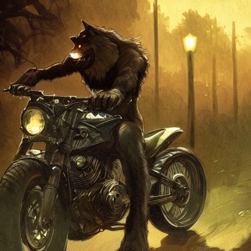 prompthunt: werewolf riding motorcycle along a dark street in the woods ...