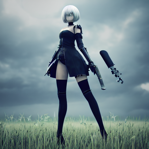 prompthunt: 2B nier automata in a field, 4k, detailed face, blender render