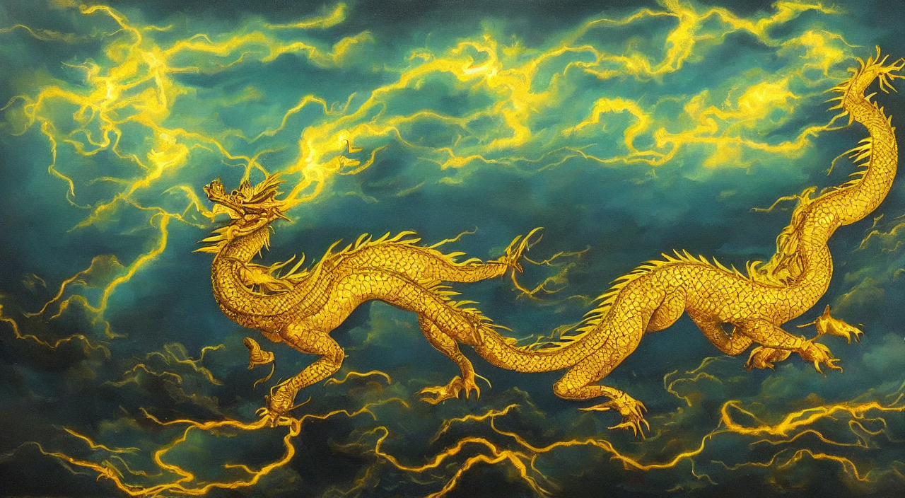 prompthunt: beautiful oil painting of golden eastern dragon in sky ...
