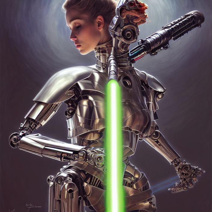prompthunt: organic cyborg, lightsaber held in left hand, diffuse ...